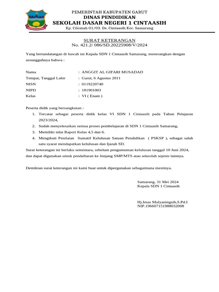 Surat Keterangan Lulus SD 2024 | PDF