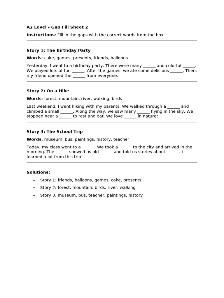 A2 Level - Gap Fill Sheet 2 | PDF
