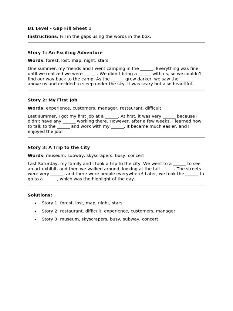 B1 Level - Gap Fill Sheet 1 | PDF