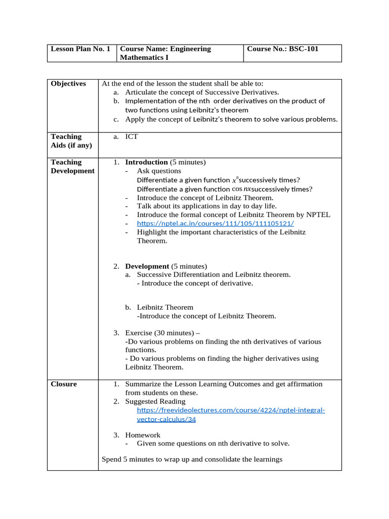 Successive Differentiation Lesson Plan 1 | PDF