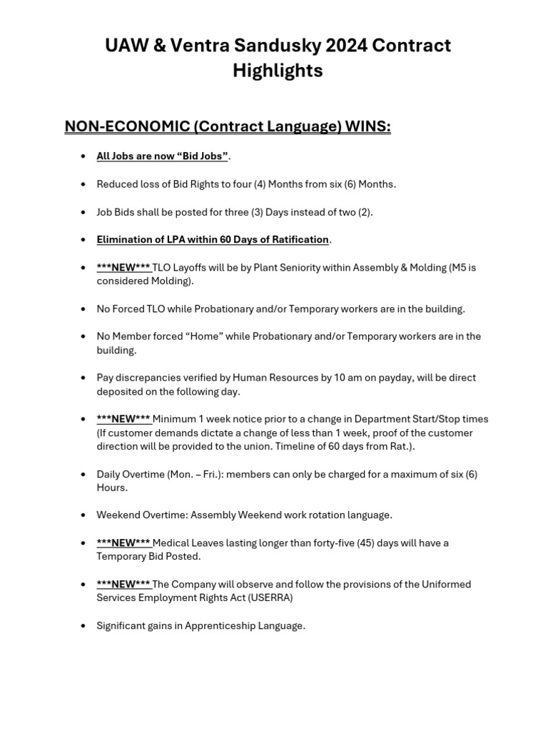 UAW and Ventra Sandusky 2024 Contract Highlights | PDF | Employment ...