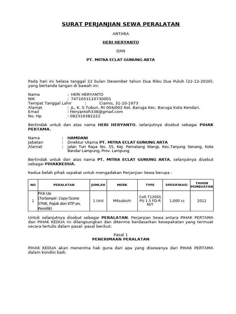 Srt-Perjanjian Sewa Pick Up | PDF