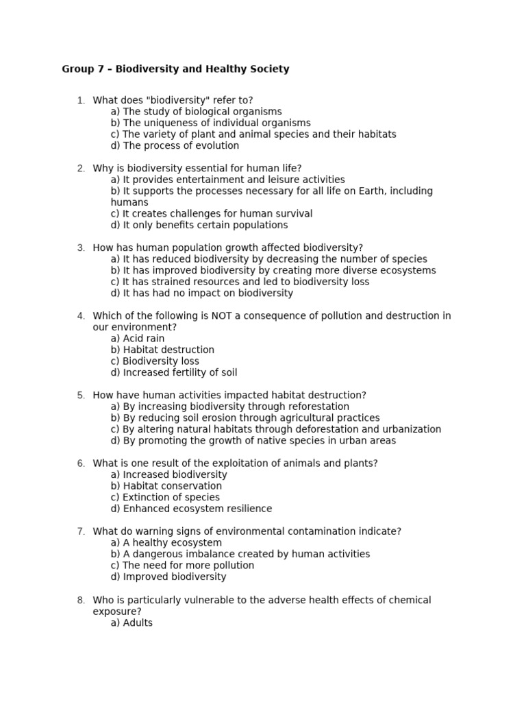 BIODIVERSITY AND HEALTHY SOCIETY Qs | PDF | Biodiversity | Habitat ...
