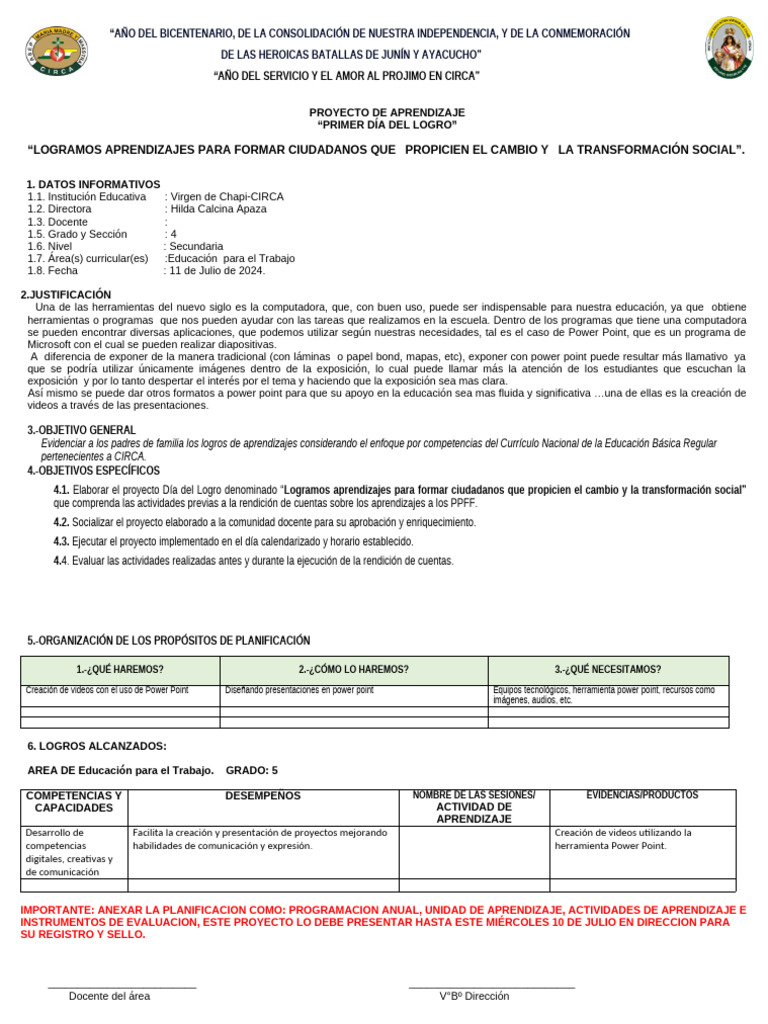 Esquema de Proyecto de Aprendizaje Power Point | PDF