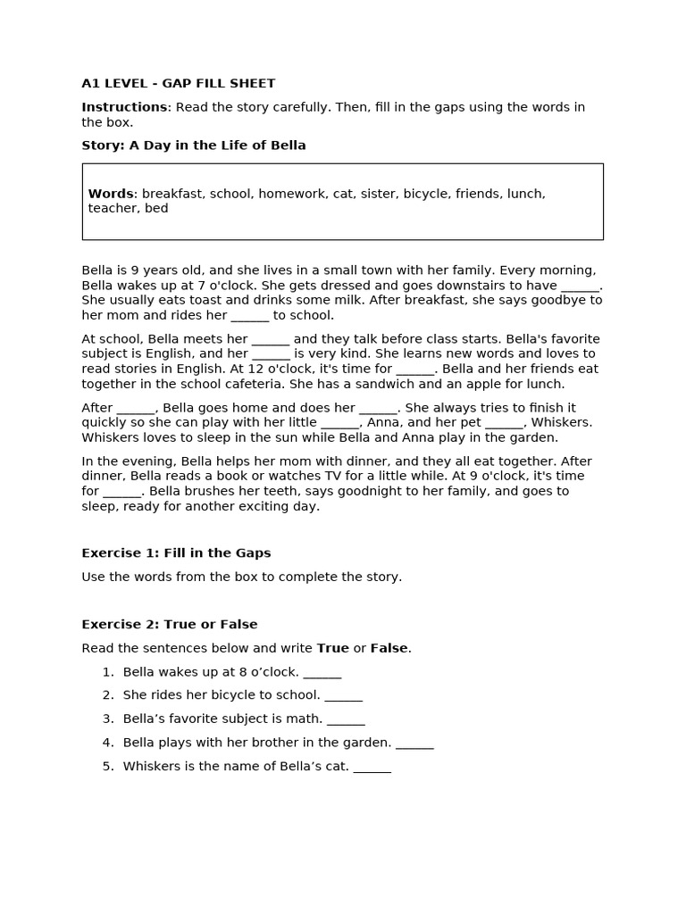 A1 Level - Gap Fill Sheet 2 | PDF