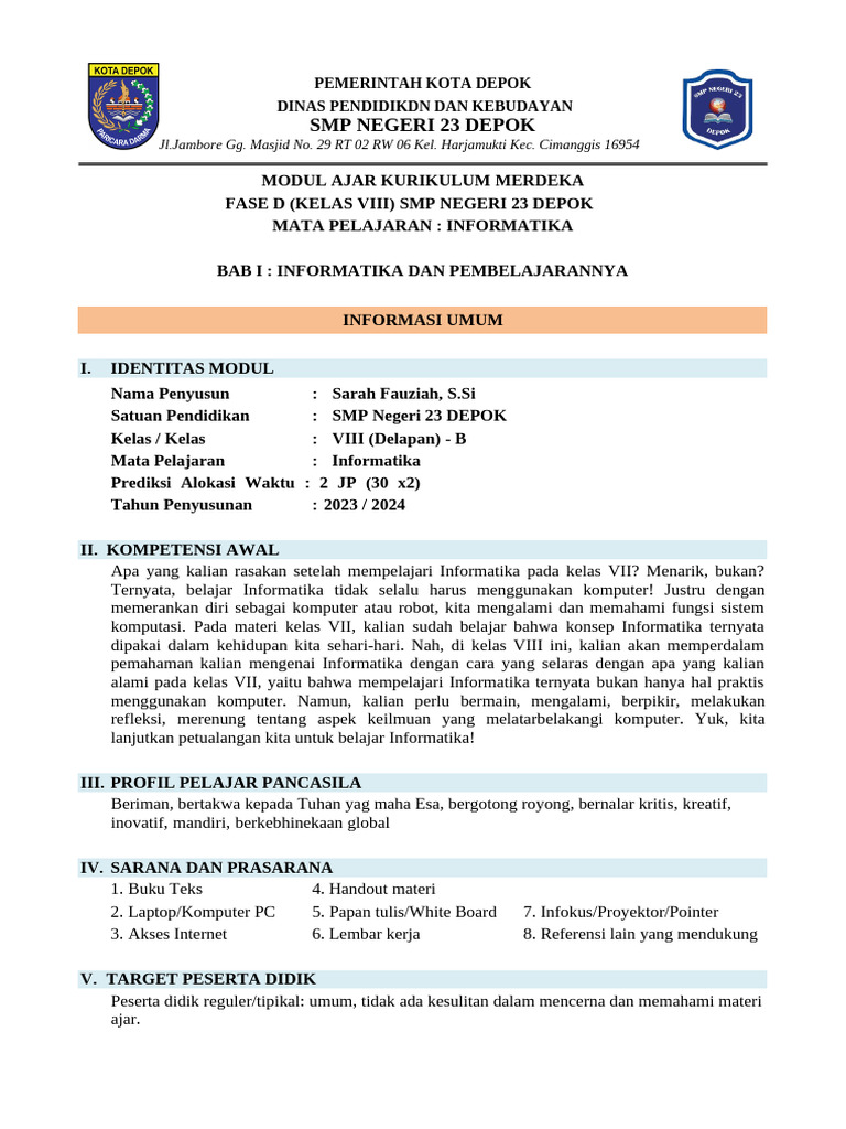 Modul Ajar Informatika - INFORMATIKA DAN PEMBELAJARANNYA - Fase D | PDF