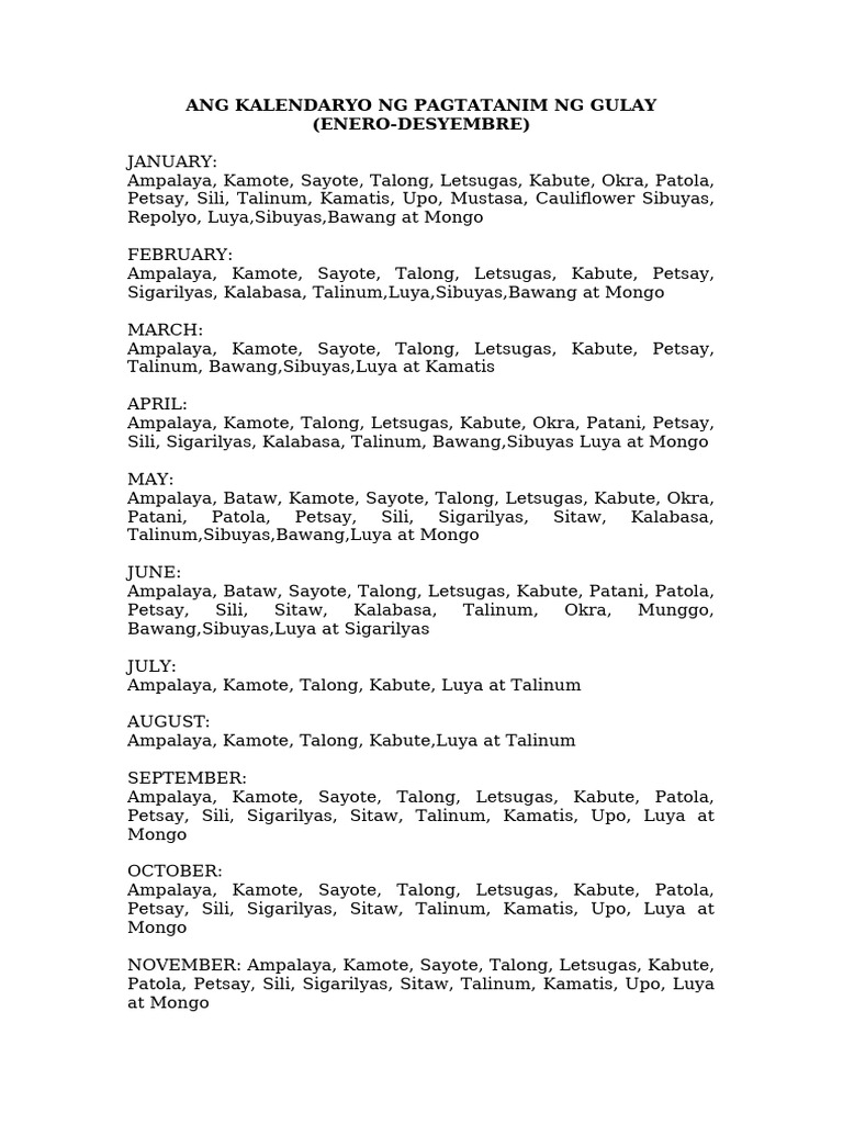 Ang Kalendaryo NG Pagtatanim NG Gulay | PDF