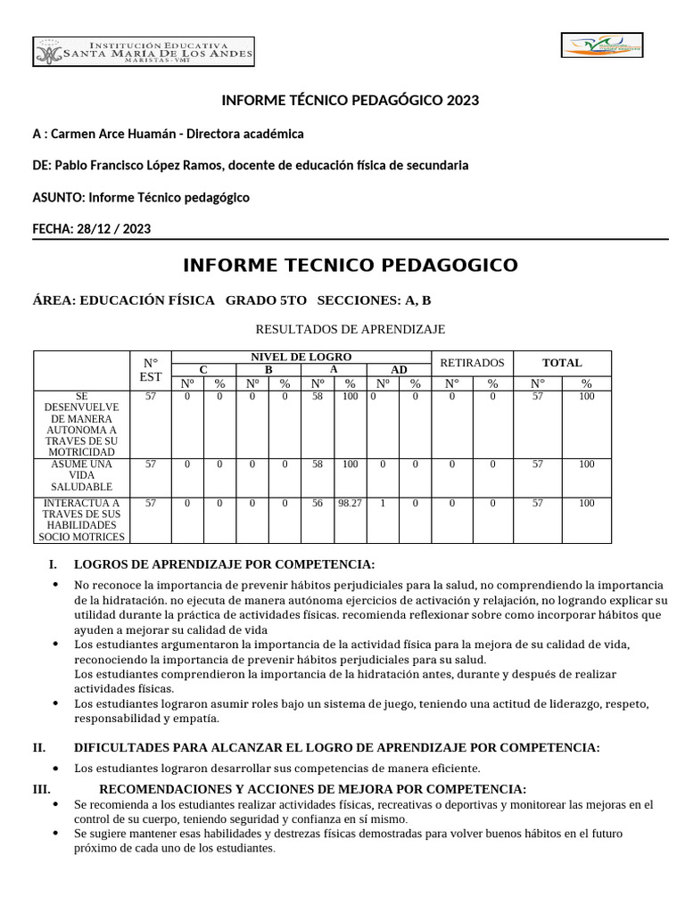 INFORME TÉCNICO PEDAGÓGICO 5to 2023 | PDF