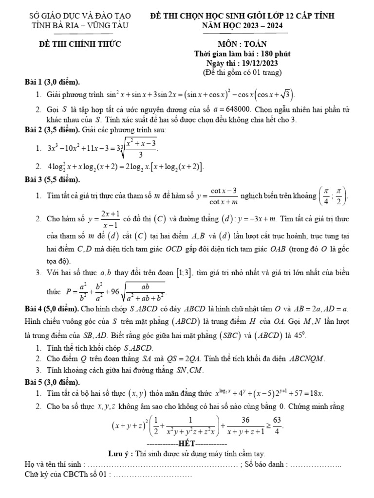 De Hoc Sinh Gioi Toan 12 Cap Tinh Nam 2023 2024 So Gddt Ba Ria Vung Tau | PDF