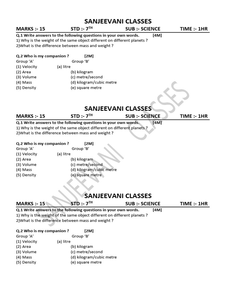7th Grade Science Exam Questions | PDF | Volume | Litre