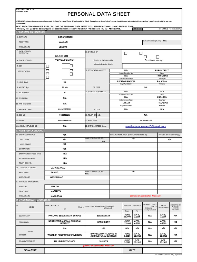 Cs-form-no.-212-personal-data-sheet-revised (2) (1) 222 | Pdf