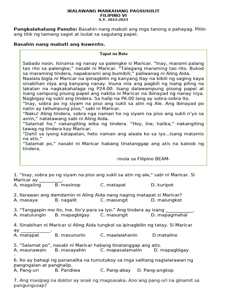 Ikaapat Na Markahang Pagsusulit Sa Filipino 6 Final | PDF