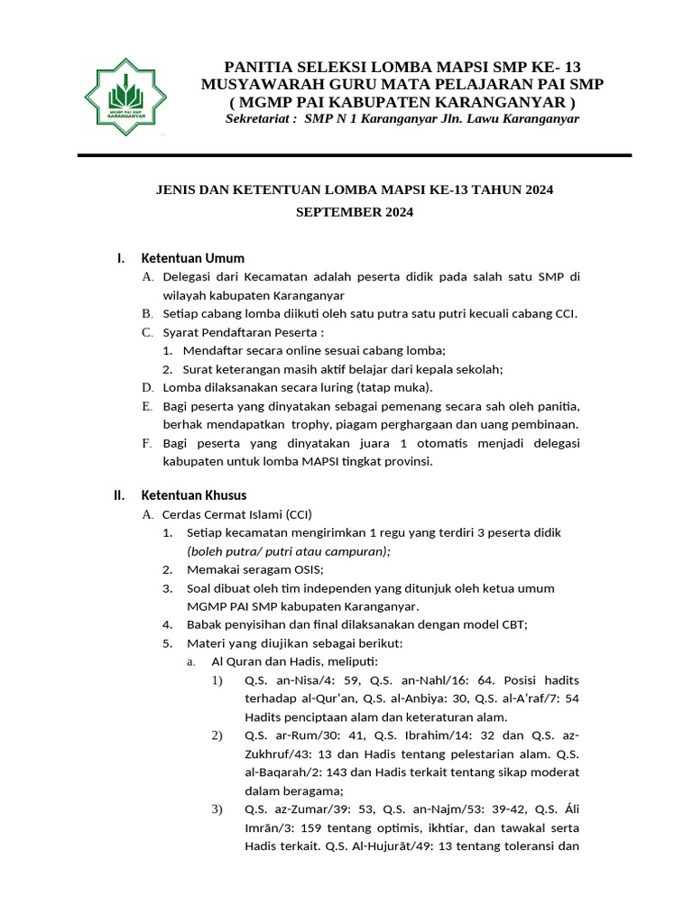 JUKNIS MAPSI Ke-13 KAB KRA Sept 2024 | PDF