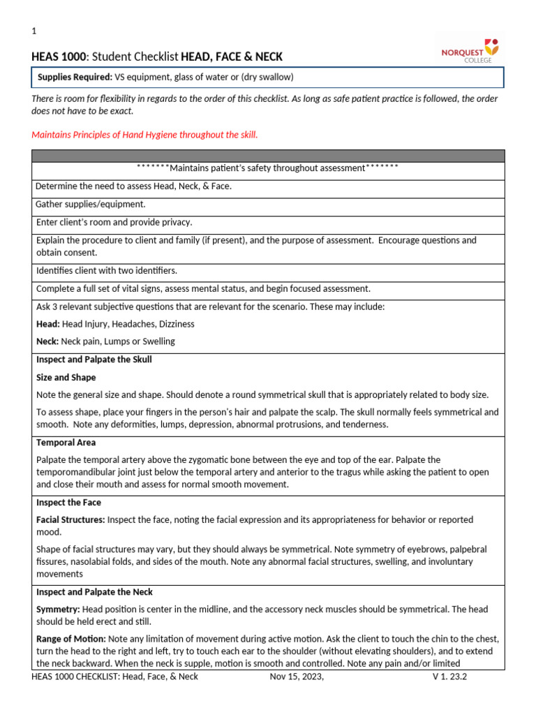 Student HEAS 1000 Head, Face and Neck Checklist V1.23.2 | PDF