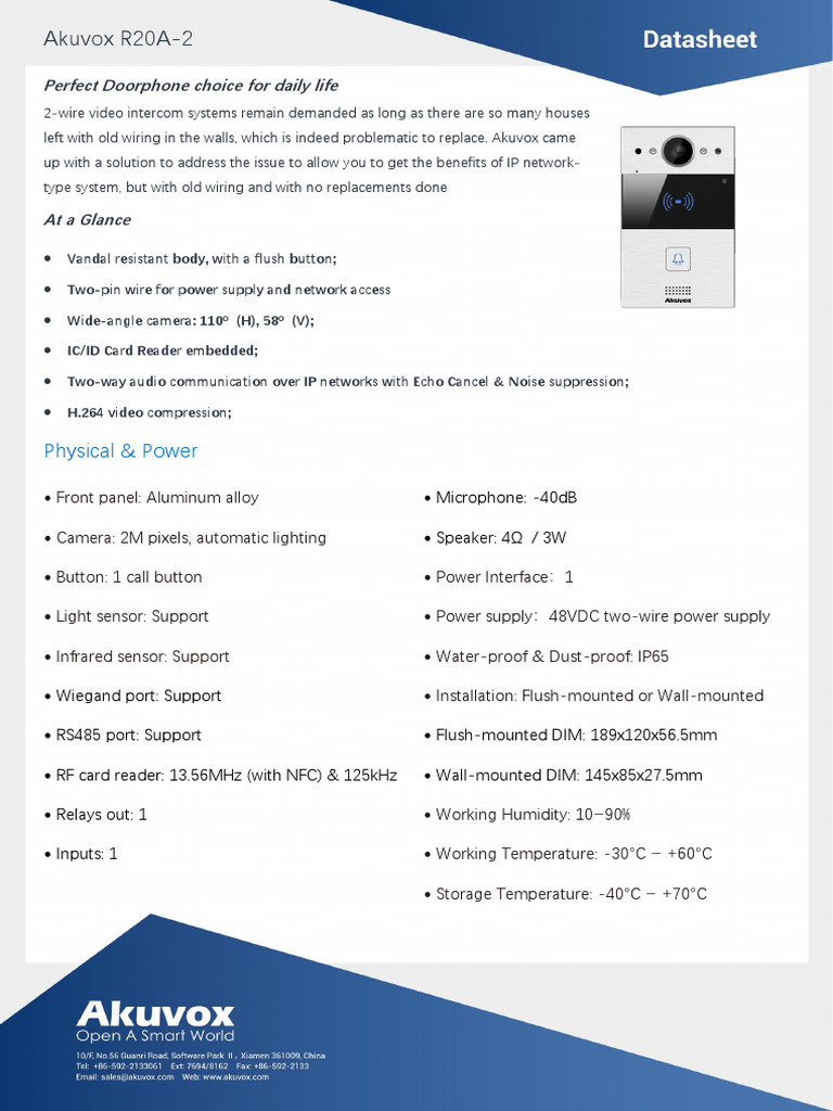 Akuvox R20A-2 Datasheet V1.0 | PDF