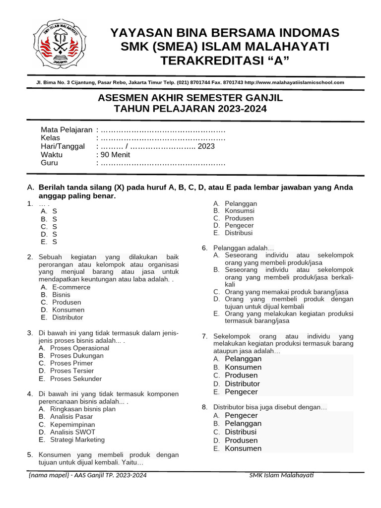 Format SOAL AAS Ganjil 2023-2024 | PDF