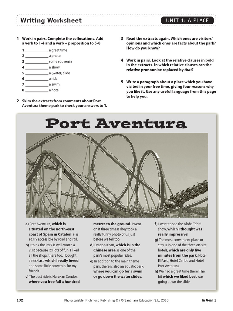 Unit 1. Writing Worksheets INGEAR 1 - A Place | PDF | Syntax ...