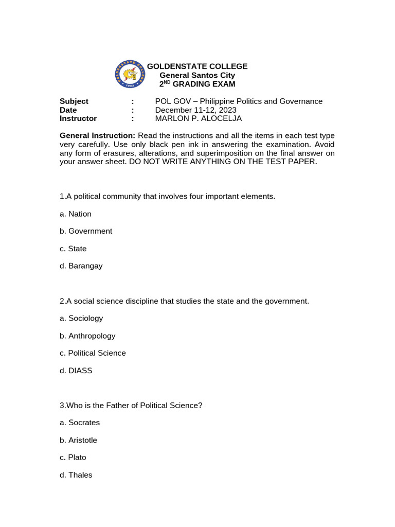 Pol Gov 2nd Grading Exam | PDF