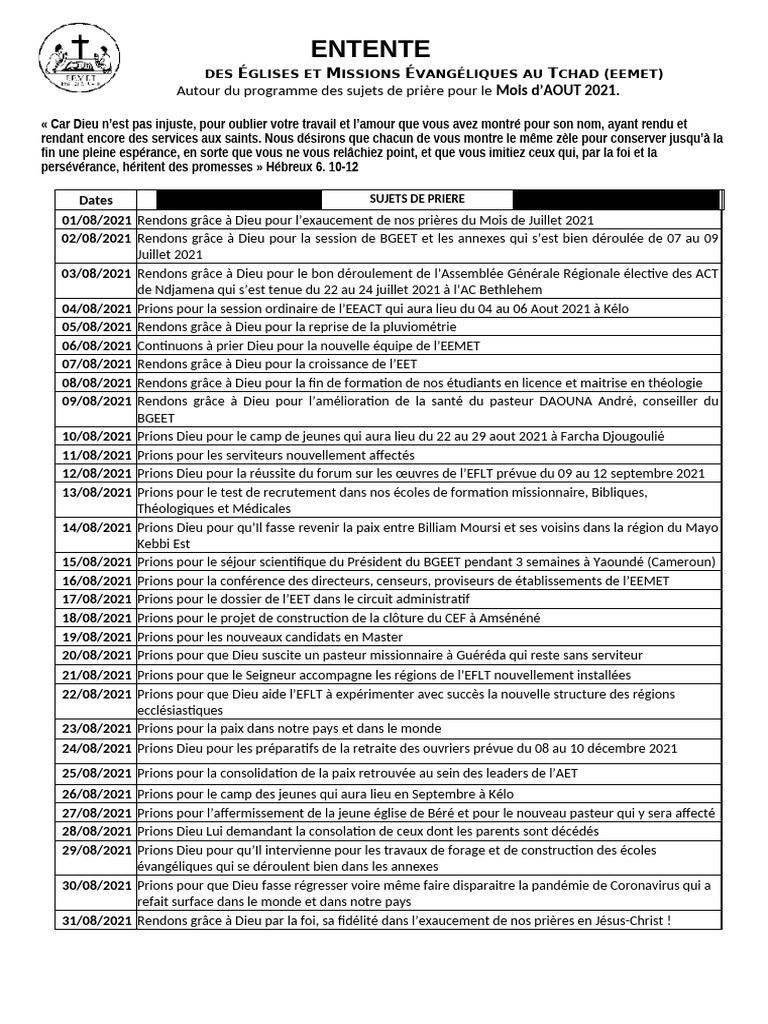 Sujets de Priere Eemet Du Mois de Aout 2021 | PDF