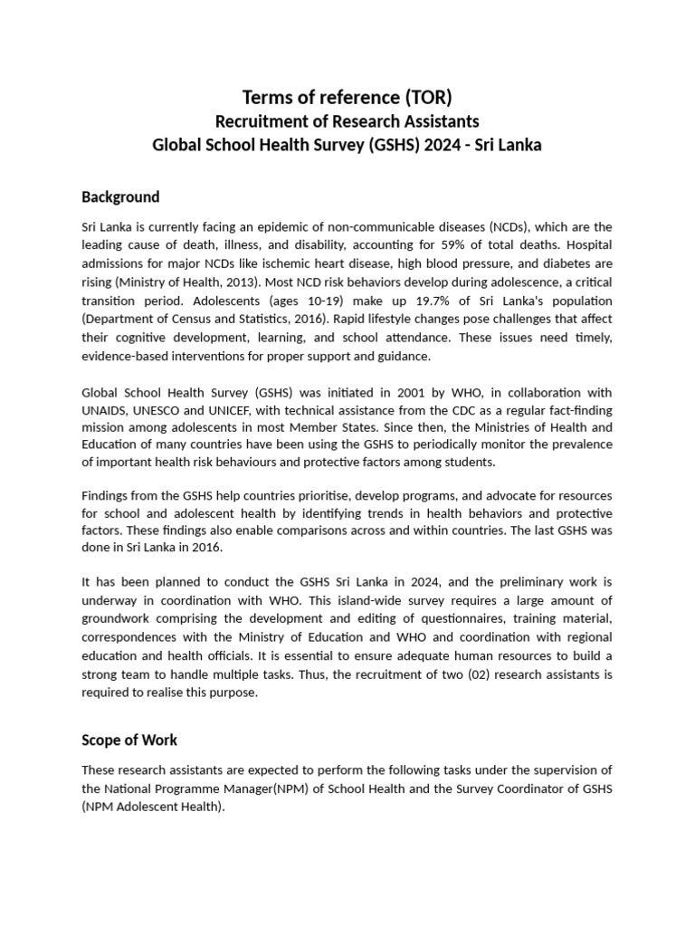 TOR For Research Assistant GSHS May 2024 CV | PDF