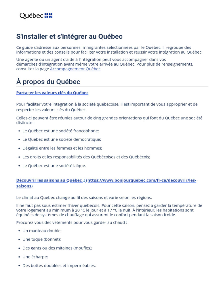 S'installer Et S'intégrer Au Québec - Gouvernement Du Québec | PDF