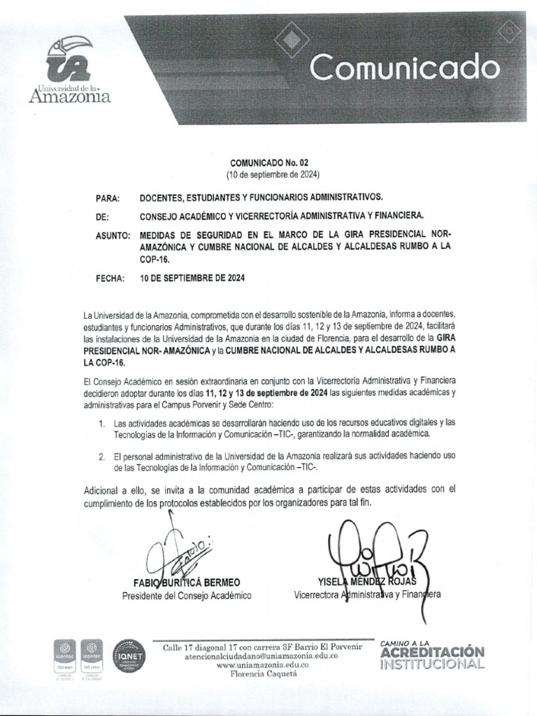 Comunicado 002 de 2024 - Medidas de Seguridad Cumbre de Alcaldes y Gira Presidencial | PDF