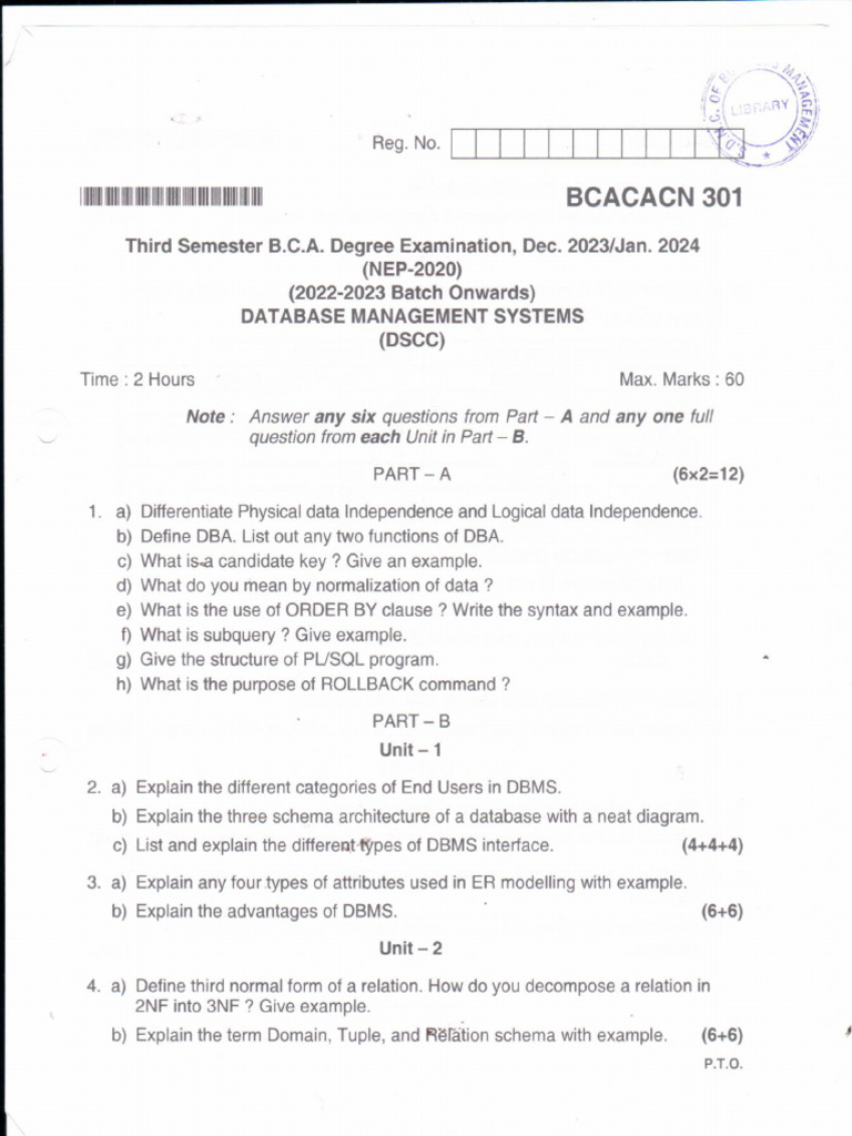 BCA III Semester Database Management Systems NEP Jan 2024 | PDF