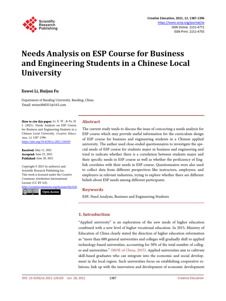 Needs Analysis On ESP Course For Business and Engi | PDF