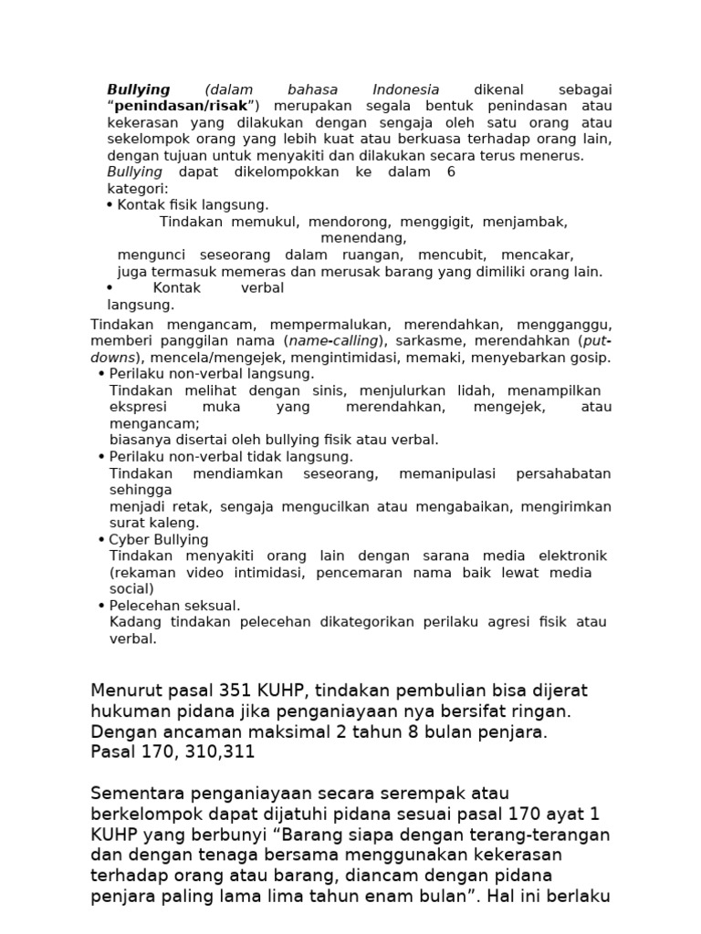 Bullying, contoh dan pasal hukumnya | PDF