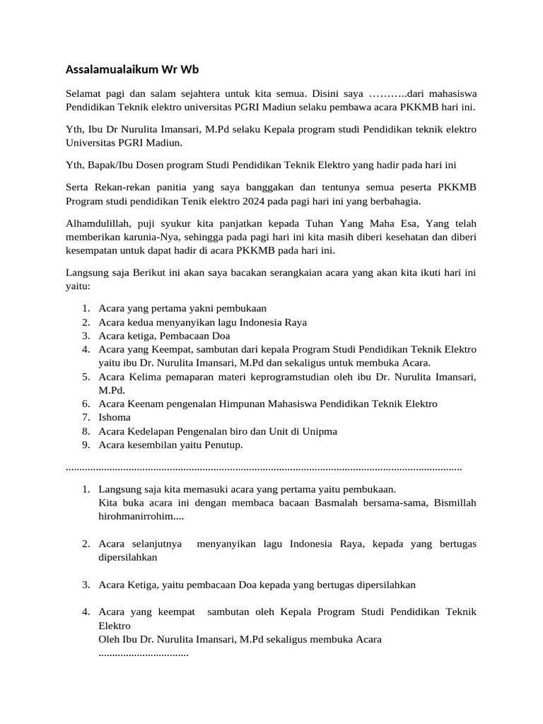 Contoh MC PKKMB Universitas 2024 | PDF