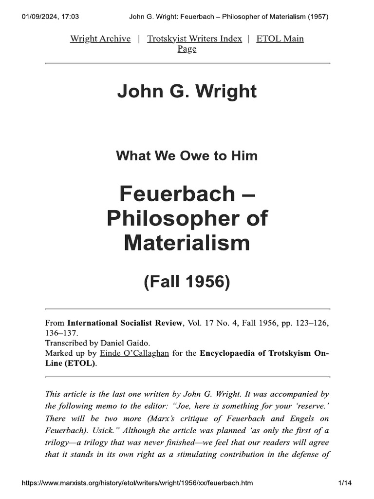 John G. Wright - Feuerbach - Philosopher of Materialism (1957) | PDF