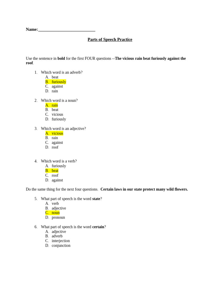 Parts of Speech Practice | PDF