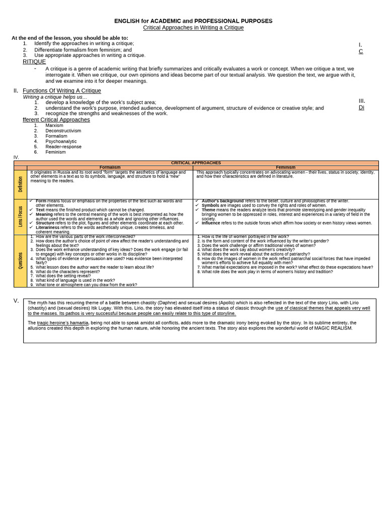 HANDOUT - Critical Approaches in Writing A Critique | PDF