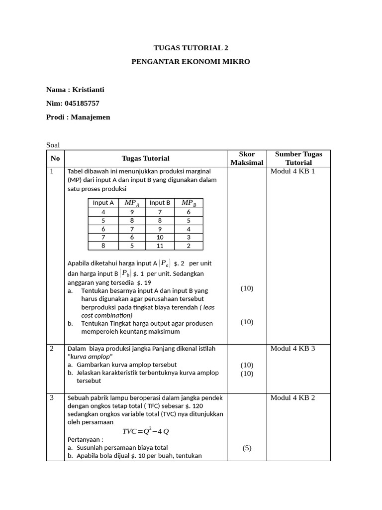 Tugas Tutorial 2 Espa4111 - Kristianti - 045185757 | PDF
