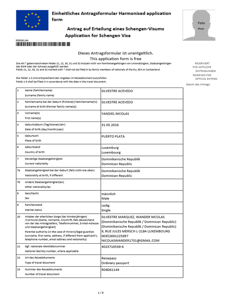 Einheitliches Antragsformular Harmonised Application Form Antrag Auf ...