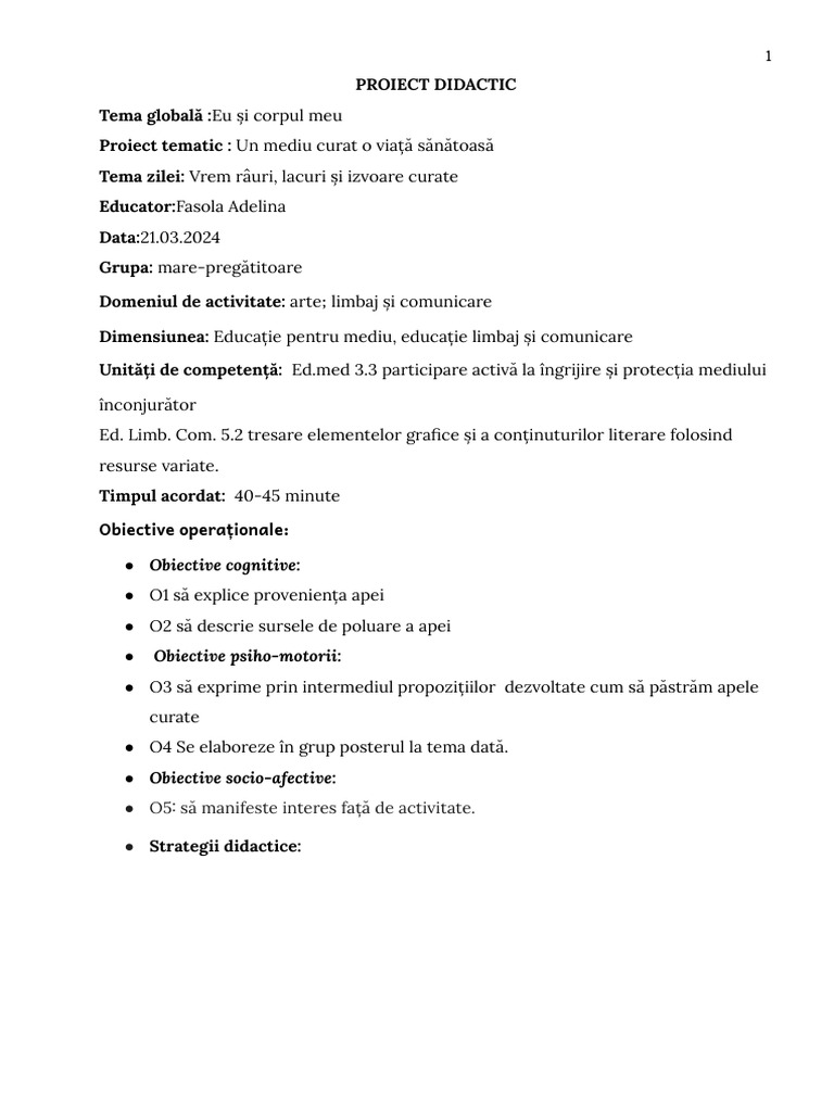 Proiect Didactic Tema Globală: Proiect Tematic: Tema Zilei: Educator ...