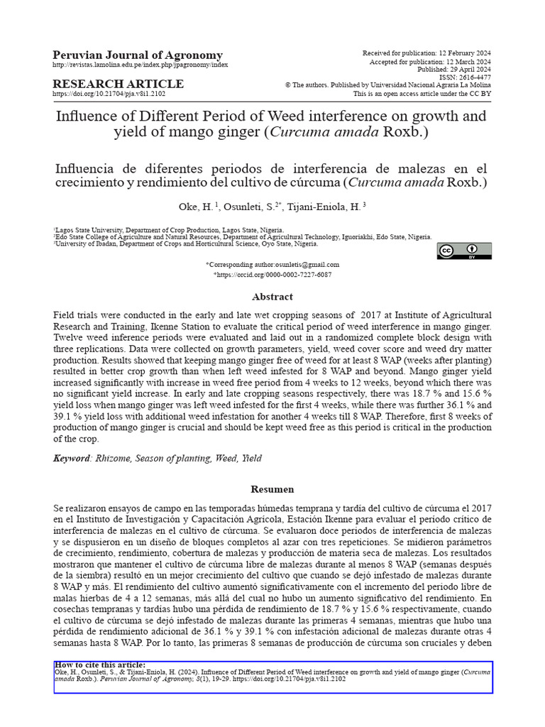 Influence of Different Period of Weed Interference On Growth and | PDF Influence of Different Period of Weed Interference On Growth and | PDF