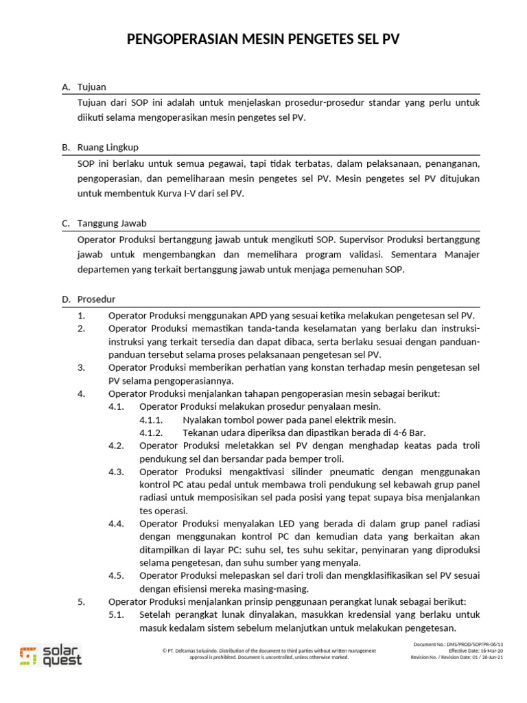 DMS-PROD-SOP-PR-06-13 SOP Pengoperasian Mesin Pengetes Sel PV R1 | PDF