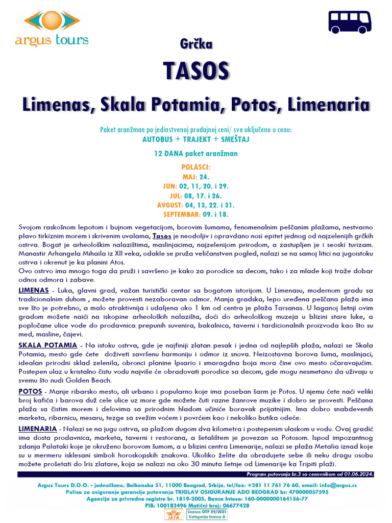 Tasos Bus Leto 2024 BR 3 Cenovnik Od 01 06 24 - (13674) | PDF