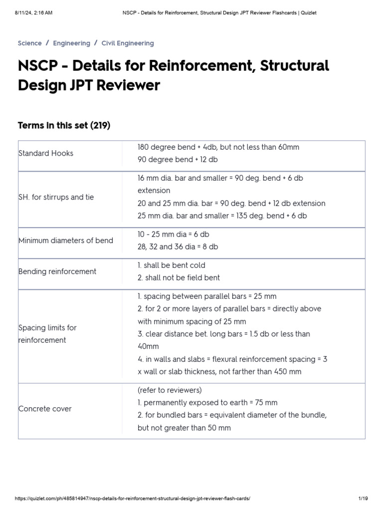 NSCP - Details For Reinforcement, Structural Design JPT Reviewer Flashcards - Quizlet | PDF