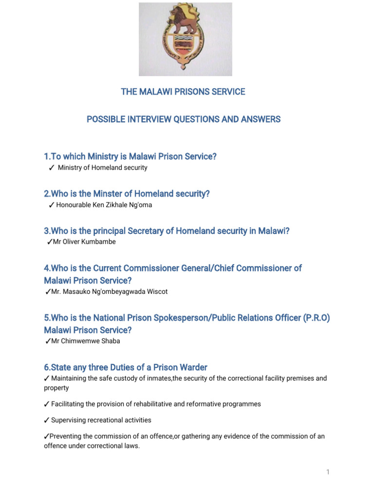 Malawi Prison Service Interview Guide | PDF