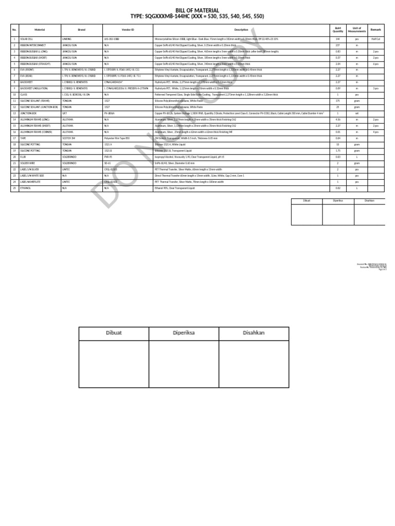 Dms Prod STD PR 06 31 Standar Bill of Material Sqgxxxm8 144hc | PDF