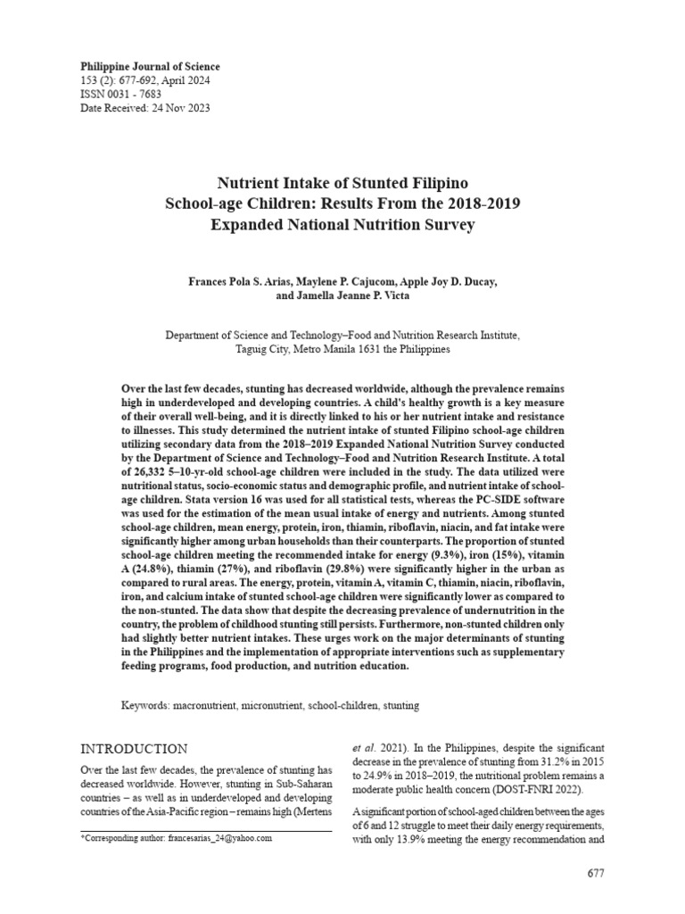 Nutrient Intake of Stunted Filipino School-Age Children | PDF