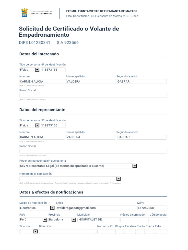 Solicitud de Certificado o Volante de Empadronamiento | PDF