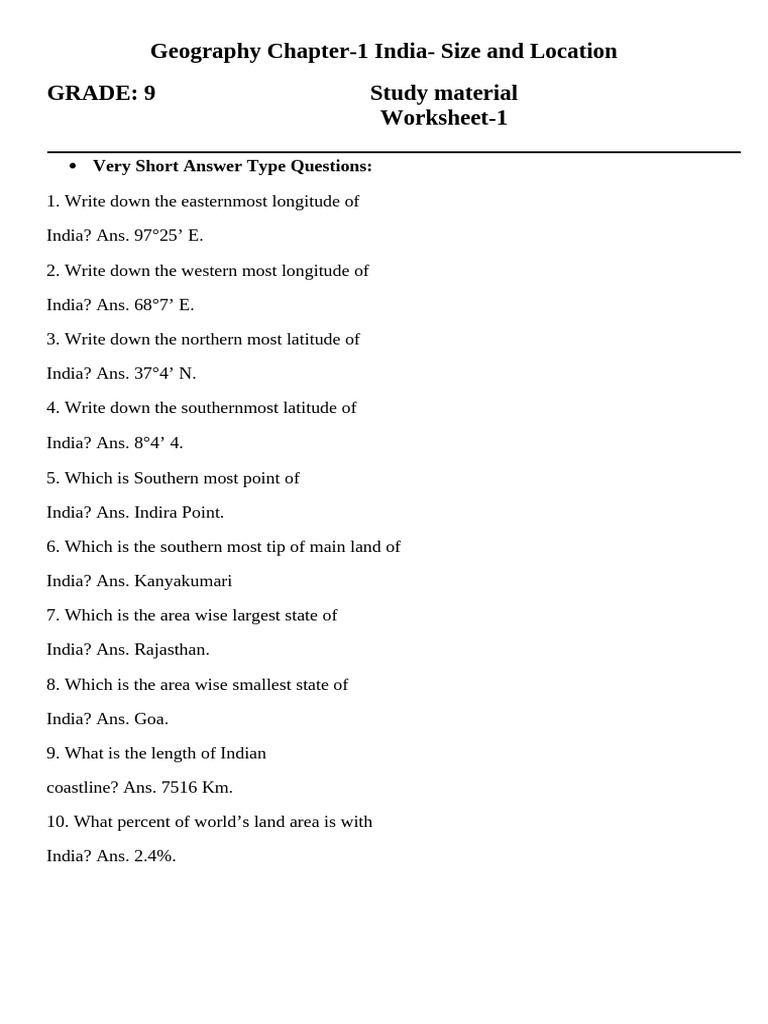 ch-1 Geo India-Size and Location W.S. | PDF