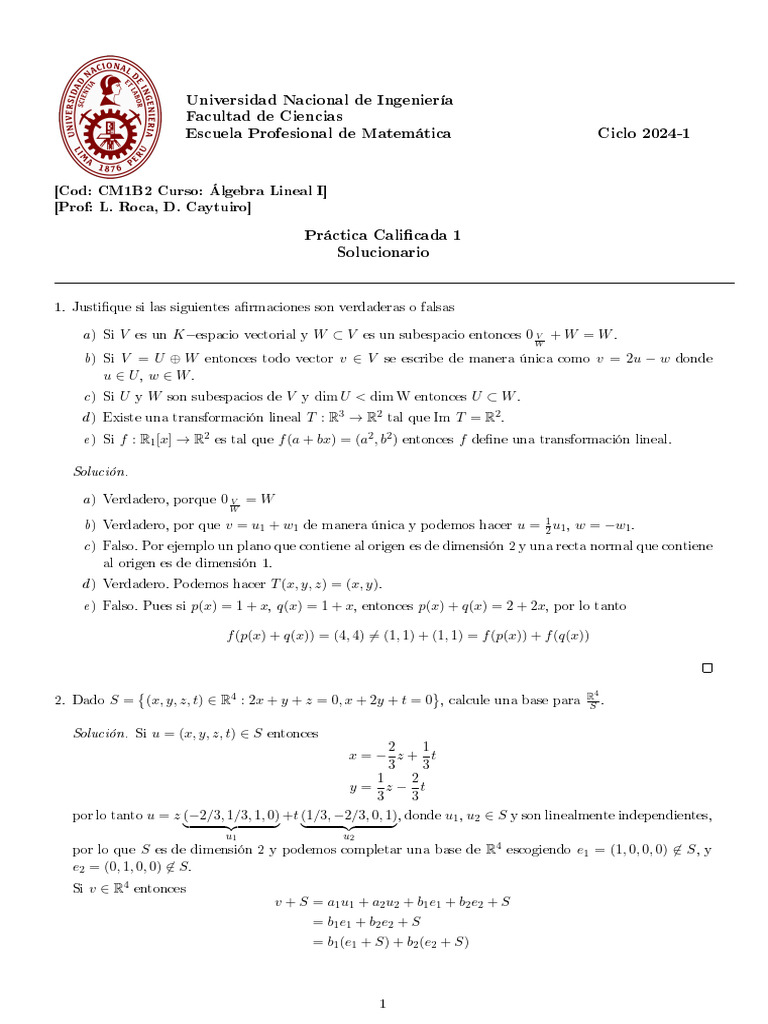 PC1 Lineal 1 2024-1 Solucionario | PDF