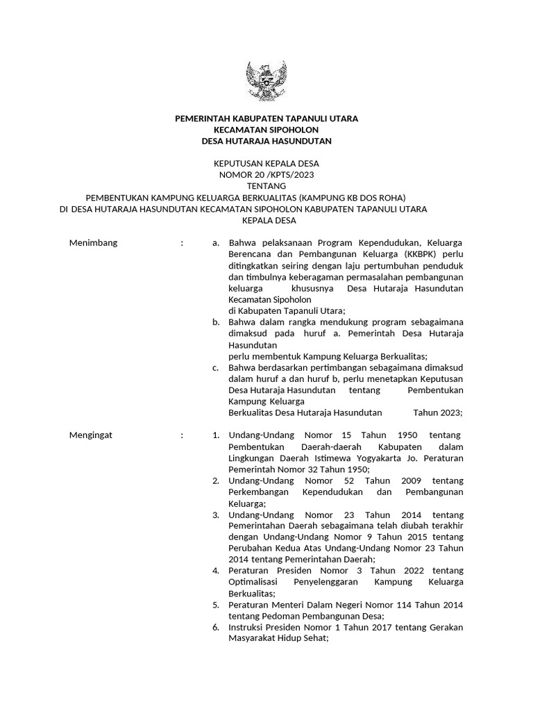 SK - Pembentukan - Kampung - KB DOS ROHA - HUTARAJA - HASUNDUTAN | PDF