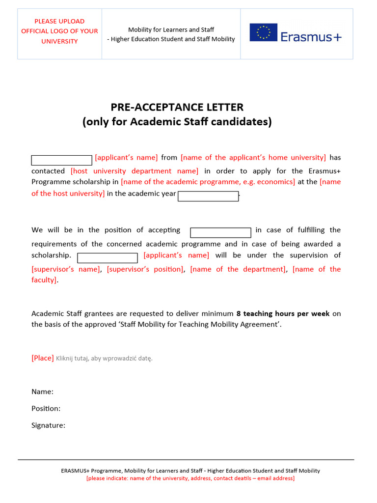 ERASMUS AS Pre Acceptance Letter Form | PDF