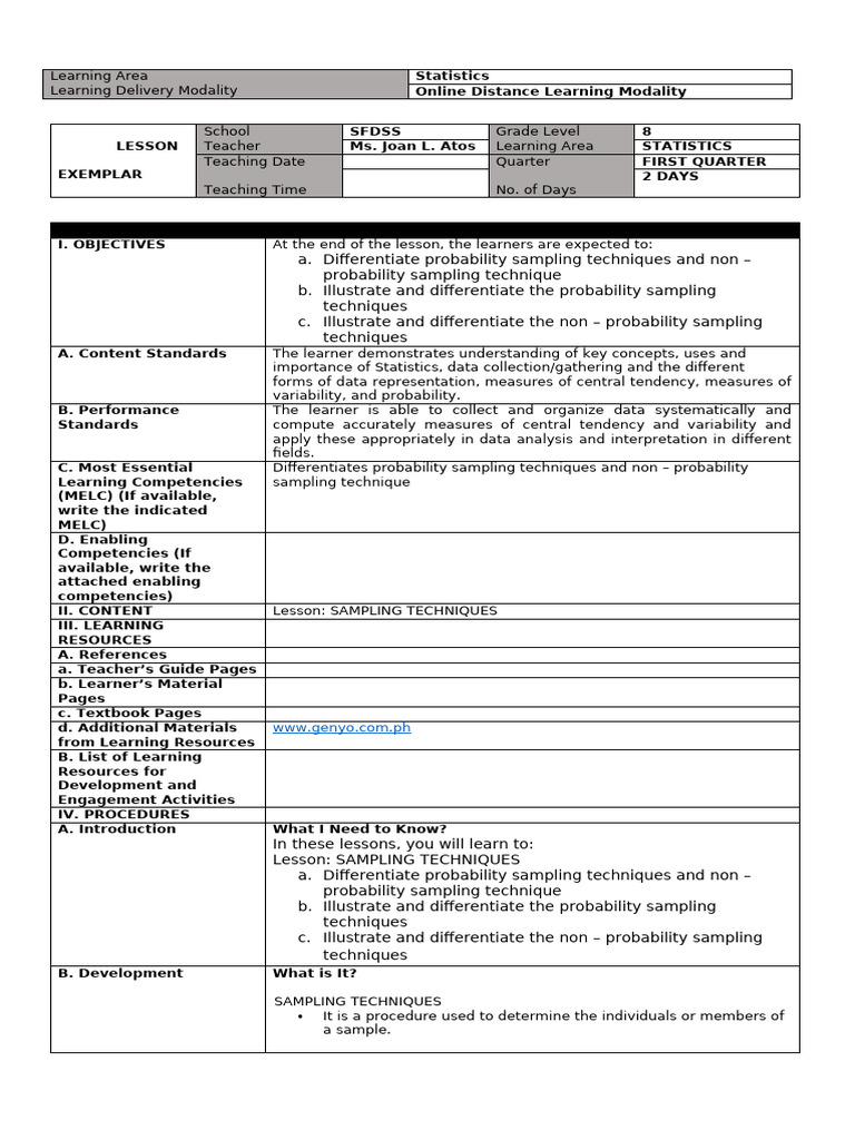 Q1 - L5 Exemplar - Sampling Techniques | PDF