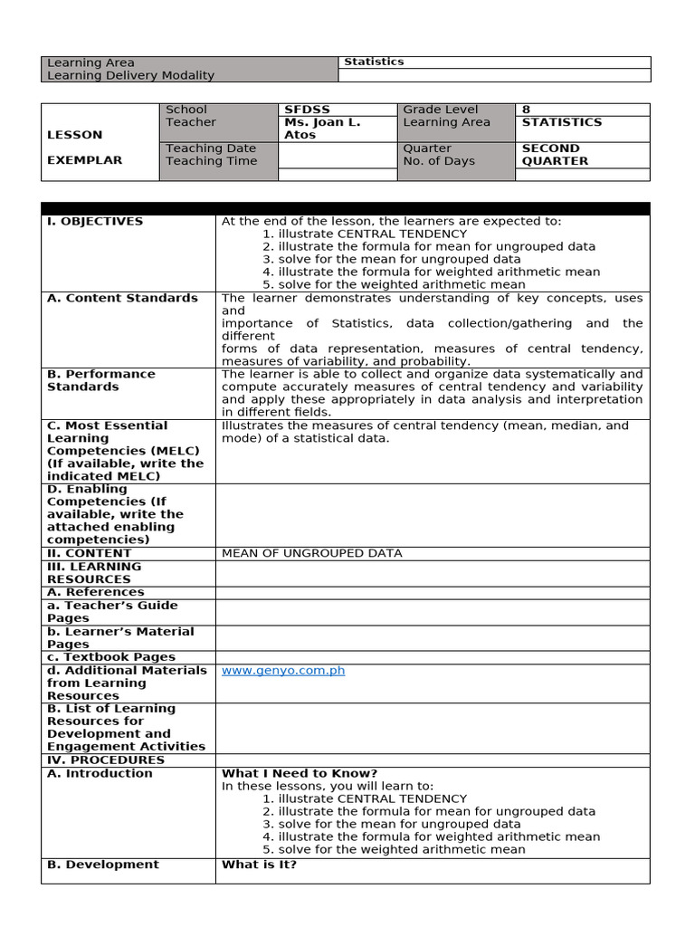 Q2 - Exemplar - Mean of Ungrouped Data | PDF